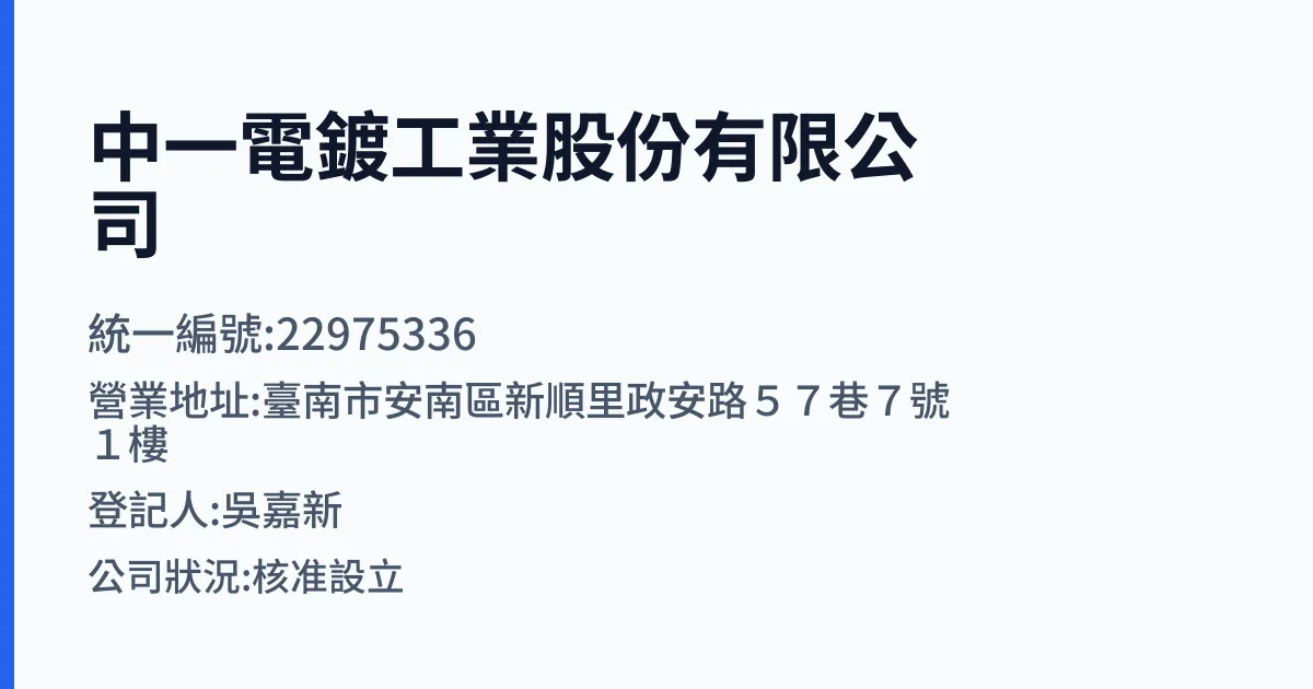 中一電鍍工業股份有限公司 - 統編 22975336（臺南市） 公司登記資料與營業項目詳細圖表