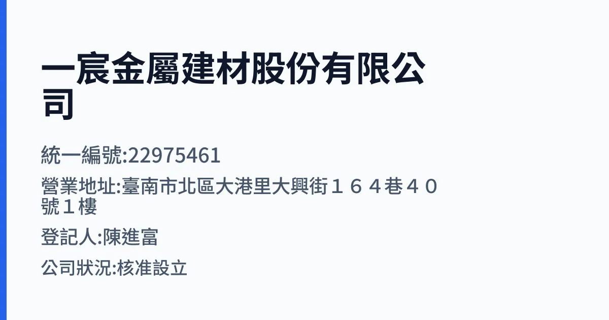 一宸金屬建材股份有限公司 - 統編 22975461(臺南市) 公司登記資料與營業項目詳細圖表