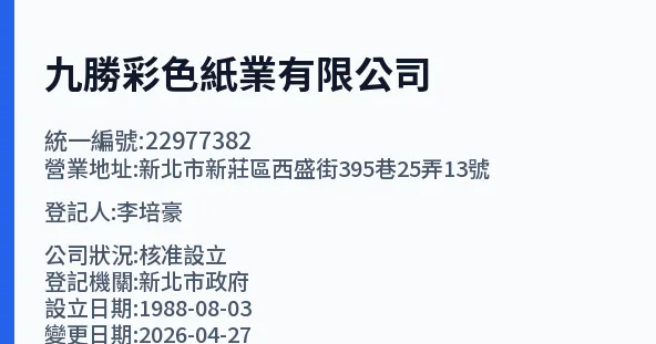 九勝彩色紙業有限公司的照片-統編 22977382(新北市) 公司登記資料與營業項目詳細圖表