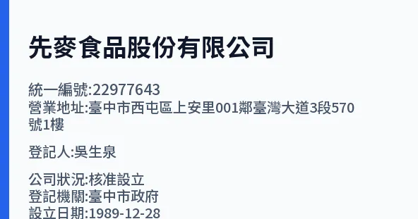 先麥食品股份有限公司的照片-統編 22977643(臺中市) 公司登記資料與營業項目詳細圖表