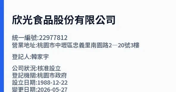 欣光食品股份有限公司的照片-統編 22977812(桃園市) 公司登記資料與營業項目詳細圖表