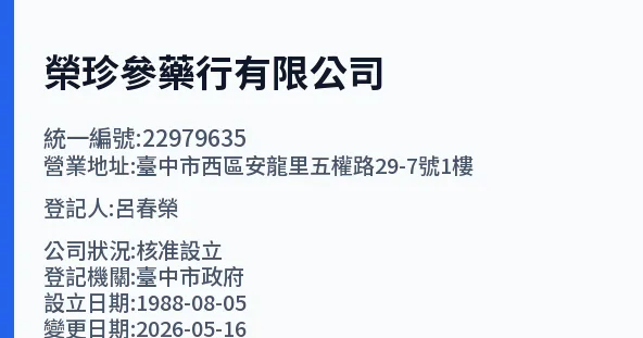 榮珍參藥行有限公司的照片-統編 22979635(臺中市) 公司登記資料與營業項目詳細圖表
