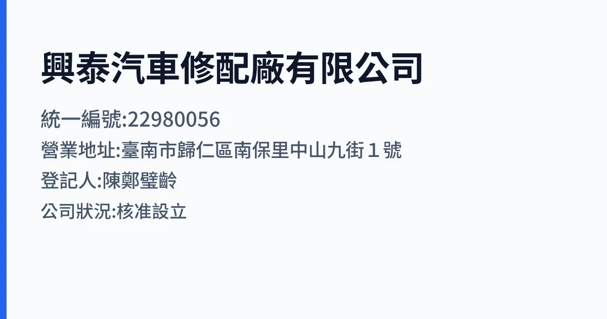 興泰汽車修配廠有限公司 - 統編 22980056(臺南市) 公司登記資料與營業項目詳細圖表