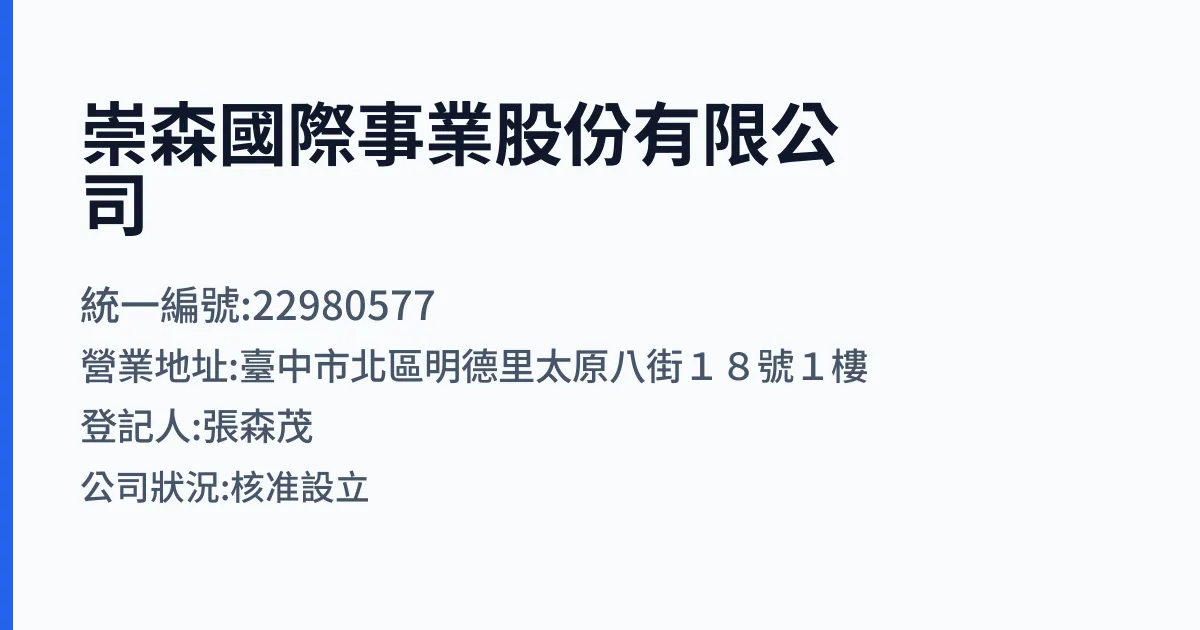 崇森國際事業股份有限公司 - 統編 22980577(臺中市) 公司登記資料與營業項目詳細圖表