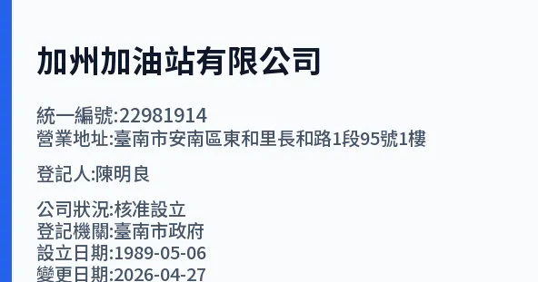 加州加油站有限公司的照片-統編 22981914(臺南市) 公司登記資料與營業項目詳細圖表