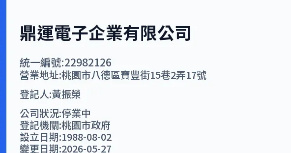 鼎運電子企業有限公司的照片-統編 22982126(桃園市) 公司登記資料與營業項目詳細圖表