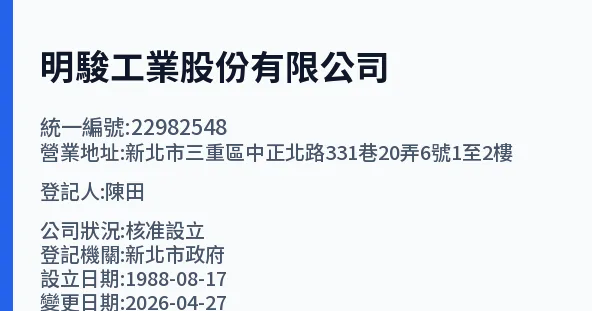 明駿工業股份有限公司的照片-統編 22982548(新北市) 公司登記資料與營業項目詳細圖表
