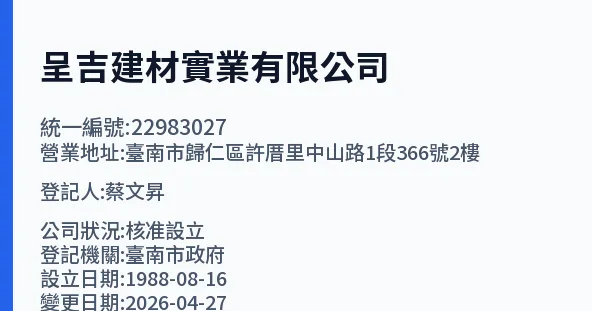 呈吉建材實業有限公司的照片-統編 22983027(臺南市) 公司登記資料與營業項目詳細圖表
