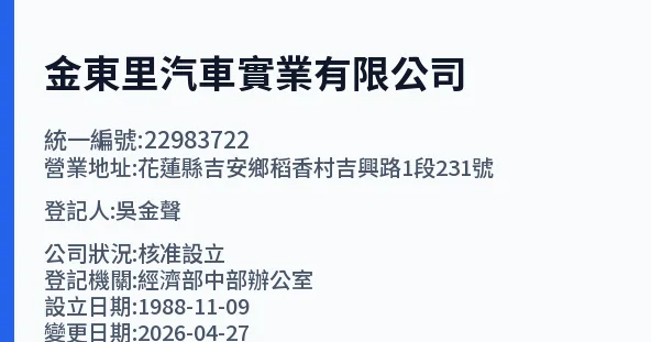 金東里汽車實業有限公司的照片-統編 22983722(花蓮縣) 公司登記資料與營業項目詳細圖表