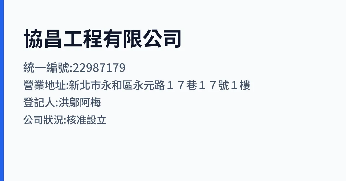 協昌工程有限公司 - 統編 22987179(新北市) 公司登記資料與營業項目詳細圖表