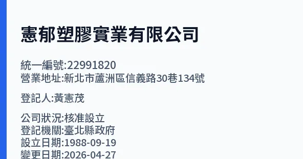 憲郁塑膠實業有限公司的照片-統編 22991820(新北市) 公司登記資料與營業項目詳細圖表