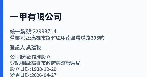 一甲有限公司的照片-統編 22993714(高雄市) 公司登記資料與營業項目詳細圖表