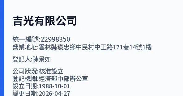 吉光有限公司的照片-統編 22998350(雲林縣) 公司登記資料與營業項目詳細圖表