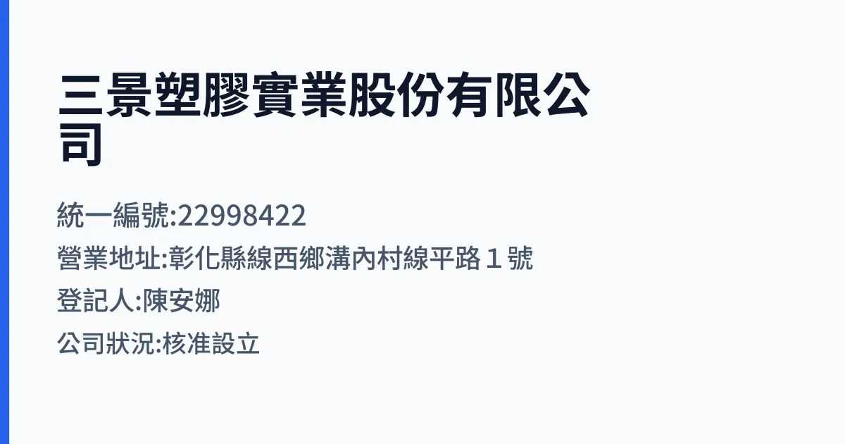 三景塑膠實業股份有限公司 - 統編 22998422(彰化縣) 公司登記資料與營業項目詳細圖表