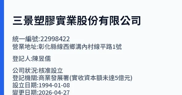 三景塑膠實業股份有限公司的照片-統編 22998422(彰化縣) 公司登記資料與營業項目詳細圖表