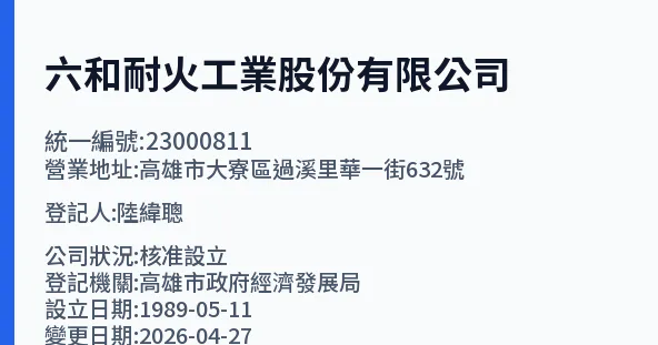 六和耐火工業股份有限公司的照片-統編 23000811(高雄市) 公司登記資料與營業項目詳細圖表