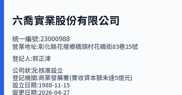 六喬實業股份有限公司的照片-統編 23000988(彰化縣) 公司登記資料與營業項目詳細圖表