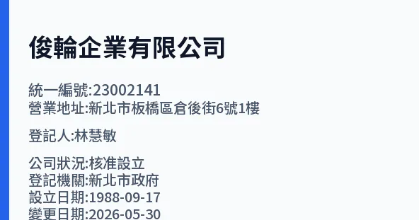 俊輪企業有限公司的照片-統編 23002141(新北市) 公司登記資料與營業項目詳細圖表