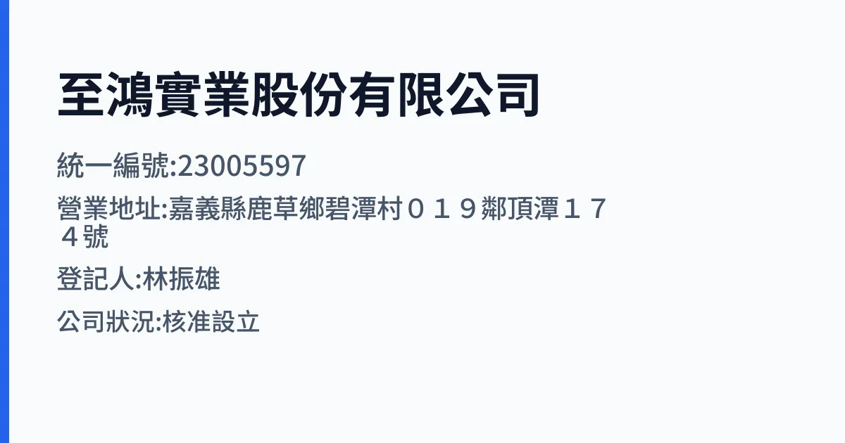至鴻實業股份有限公司 - 統編 23005597(嘉義縣) 公司登記資料與營業項目詳細圖表