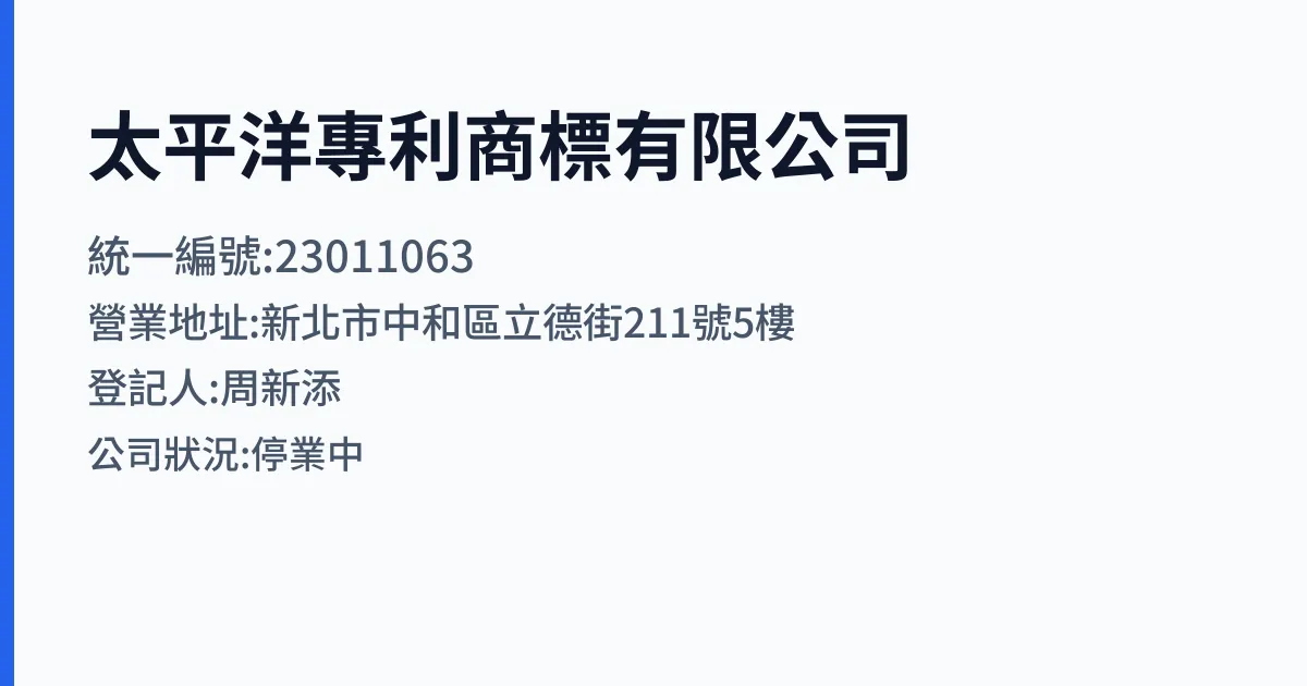 太平洋專利商標有限公司 - 統編 23011063(新北市) 公司登記資料與營業項目詳細圖表
