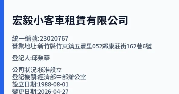 宏毅小客車租賃有限公司的照片-統編 23020767(新竹縣) 公司登記資料與營業項目詳細圖表