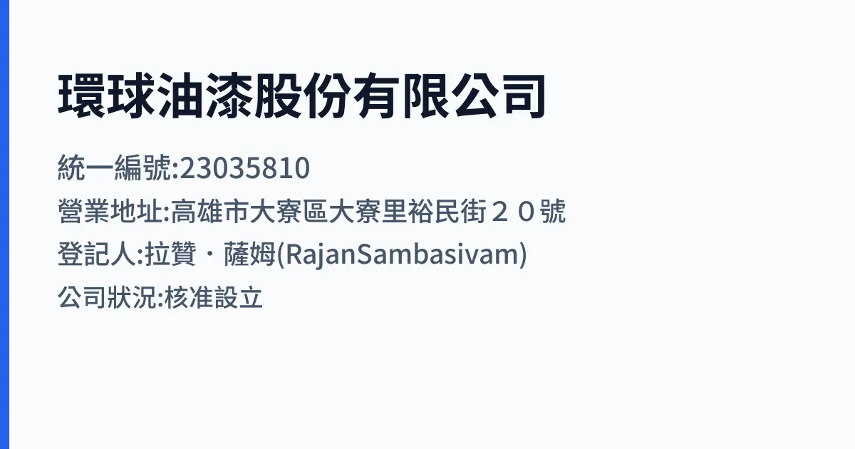 環球油漆股份有限公司 - 統編 23035810(高雄市) 公司登記資料與營業項目詳細圖表