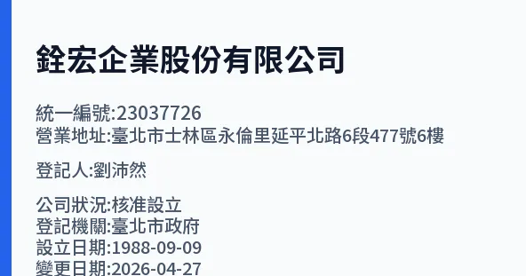 銓宏企業股份有限公司的照片-統編 23037726(臺北市) 公司登記資料與營業項目詳細圖表