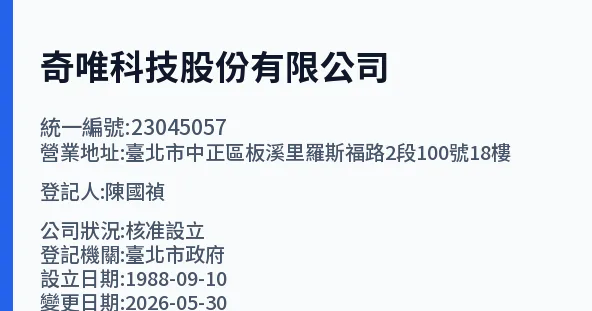 奇唯科技股份有限公司的照片-統編 23045057(臺北市) 公司登記資料與營業項目詳細圖表