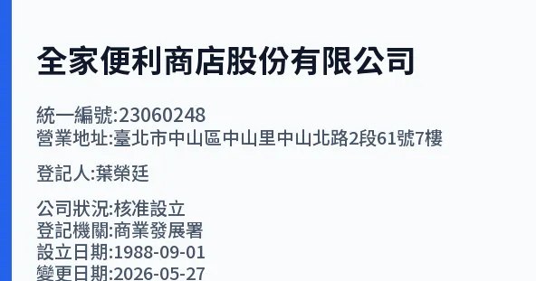 全家便利商店股份有限公司的照片-統編 23060248(臺北市) 公司登記資料與營業項目詳細圖表
