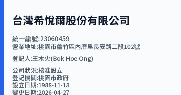 台灣希悅爾股份有限公司的照片-統編 23060459(桃園市) 公司登記資料與營業項目詳細圖表