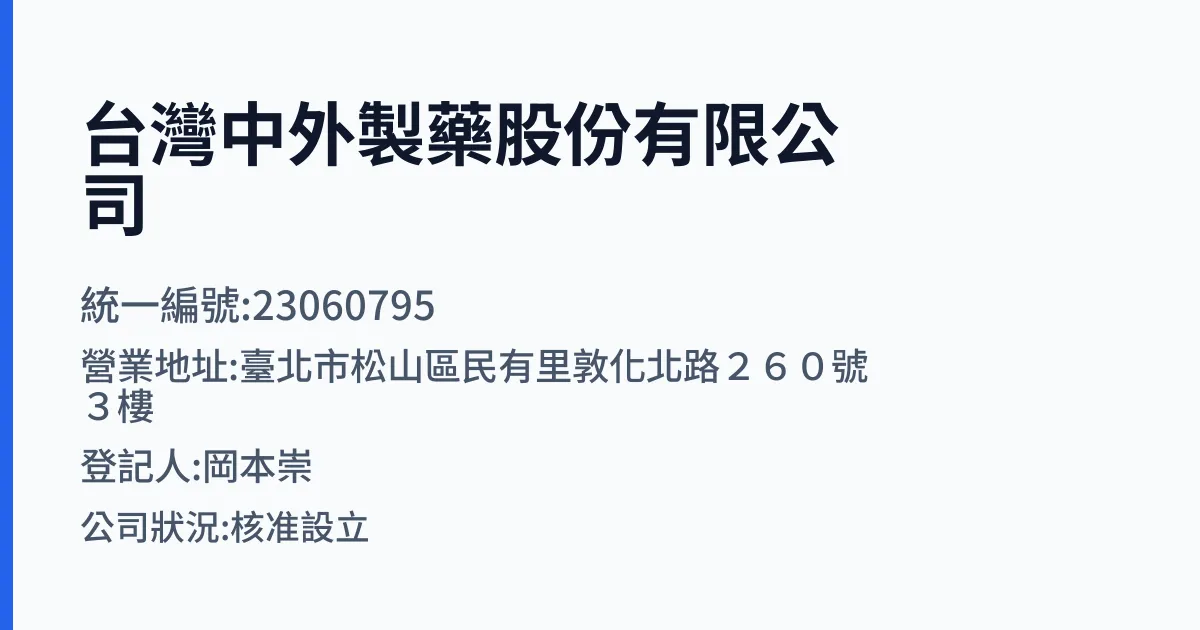 台灣中外製藥股份有限公司 - 統編 23060795(臺北市) 公司登記資料與營業項目詳細圖表
