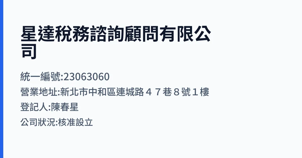 星達稅務諮詢顧問有限公司 - 統編 23063060(新北市) 公司登記資料與營業項目詳細圖表