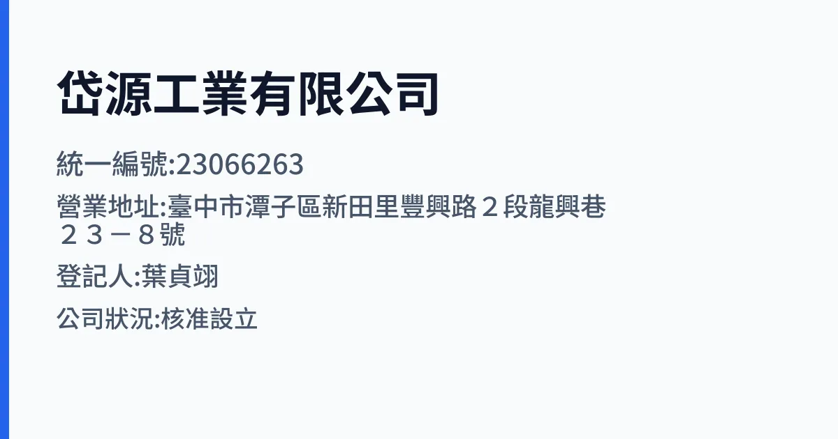 岱源工業有限公司 - 統編 23066263(臺中市) 公司登記資料與營業項目詳細圖表