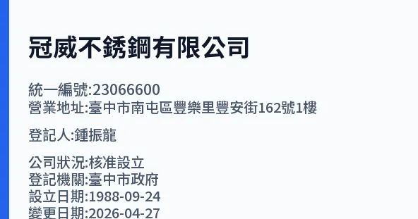 冠威不銹鋼有限公司的照片-統編 23066600(臺中市) 公司登記資料與營業項目詳細圖表