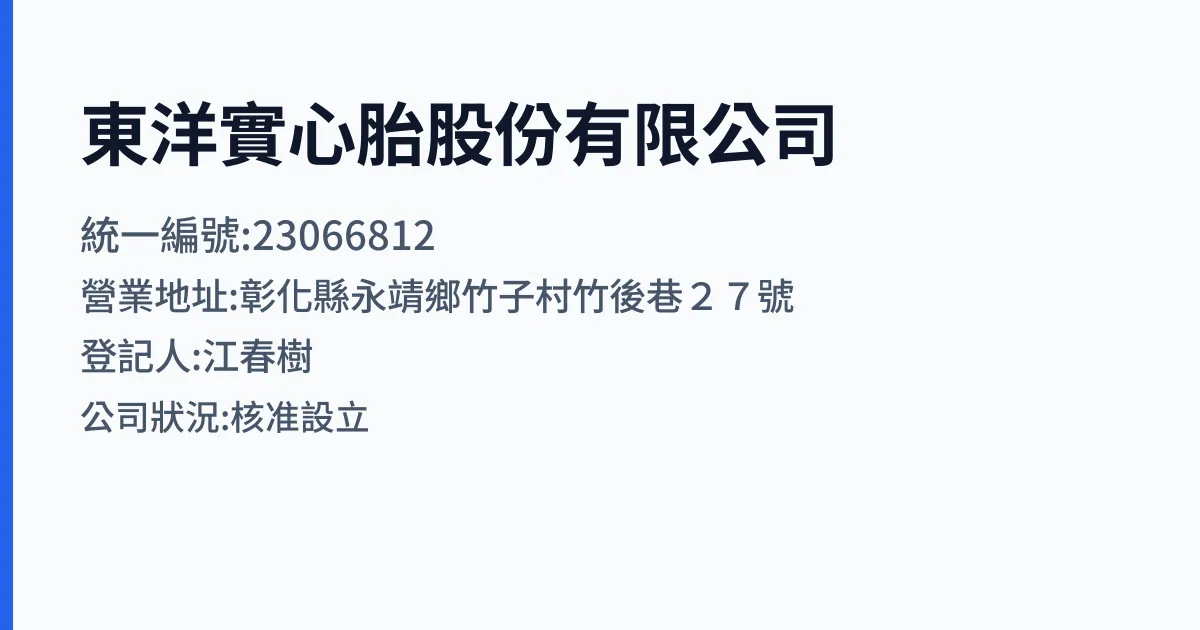 東洋實心胎股份有限公司 - 統編 23066812(彰化縣) 公司登記資料與營業項目詳細圖表