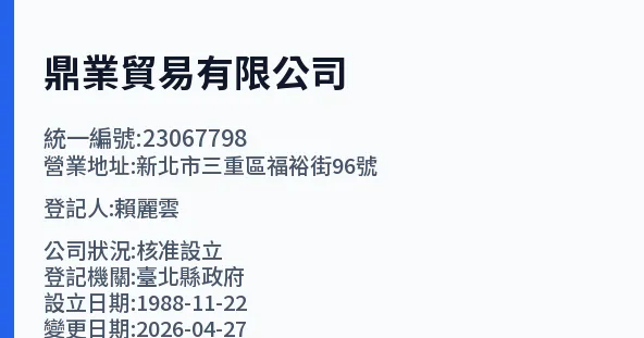 鼎業貿易有限公司的照片-統編 23067798(新北市) 公司登記資料與營業項目詳細圖表