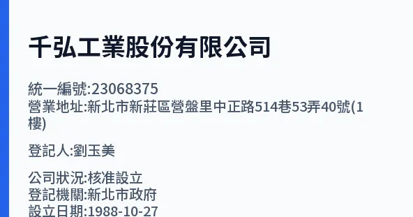 千弘工業股份有限公司的照片-統編 23068375(新北市) 公司登記資料與營業項目詳細圖表