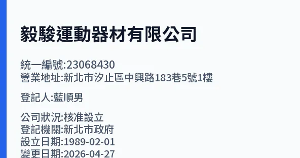 毅駿運動器材有限公司的照片-統編 23068430(新北市) 公司登記資料與營業項目詳細圖表