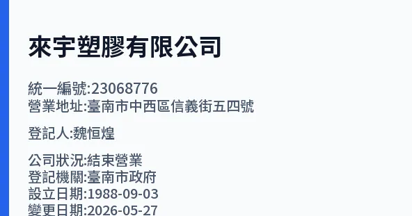 來宇塑膠有限公司的照片-統編 23068776(臺南市) 公司登記資料與營業項目詳細圖表