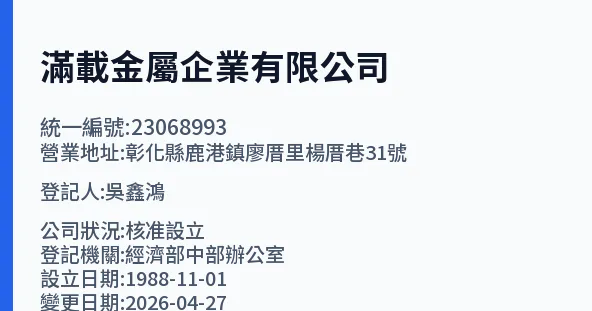 滿載金屬企業有限公司的照片-統編 23068993(彰化縣) 公司登記資料與營業項目詳細圖表