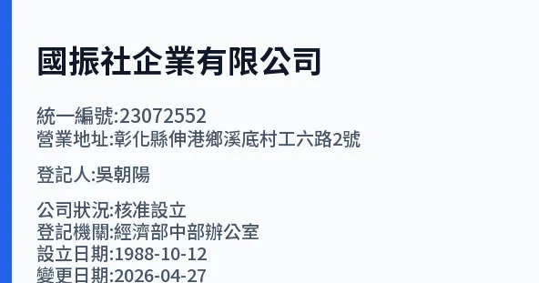 國振社企業有限公司的照片-統編 23072552(彰化縣) 公司登記資料與營業項目詳細圖表