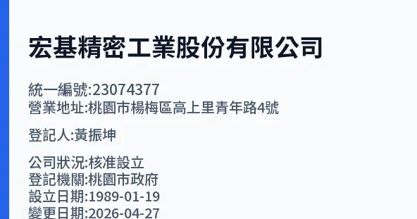 宏基精密工業股份有限公司的照片-統編 23074377(桃園市) 公司登記資料與營業項目詳細圖表