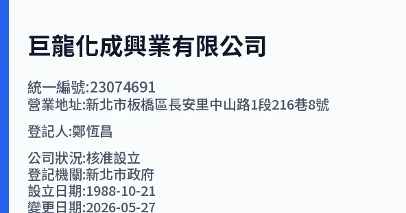 巨龍化成興業有限公司的照片-統編 23074691(新北市) 公司登記資料與營業項目詳細圖表