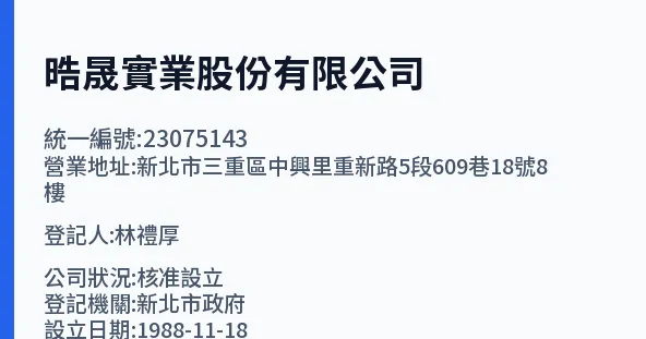 晧晟實業股份有限公司的照片-統編 23075143(新北市) 公司登記資料與營業項目詳細圖表