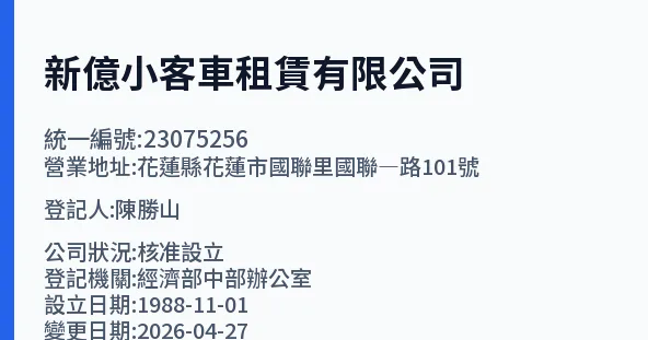 新億小客車租賃有限公司的照片-統編 23075256(花蓮縣) 公司登記資料與營業項目詳細圖表