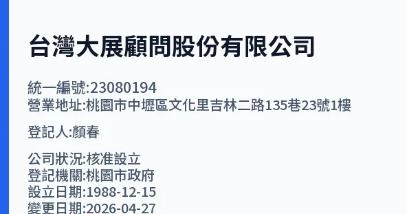 台灣大展顧問股份有限公司的照片-統編 23080194(桃園市) 公司登記資料與營業項目詳細圖表