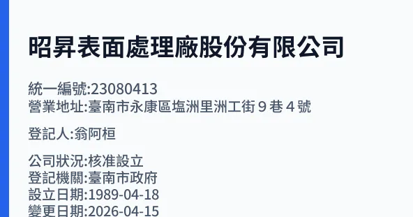 昭昇表面處理廠股份有限公司的照片-統編 23080413(臺南市) 公司登記資料與營業項目詳細圖表