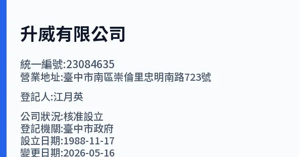 升威有限公司的照片-統編 23084635(臺中市) 公司登記資料與營業項目詳細圖表
