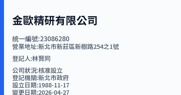 金歐精研有限公司的照片-統編 23086280(新北市) 公司登記資料與營業項目詳細圖表