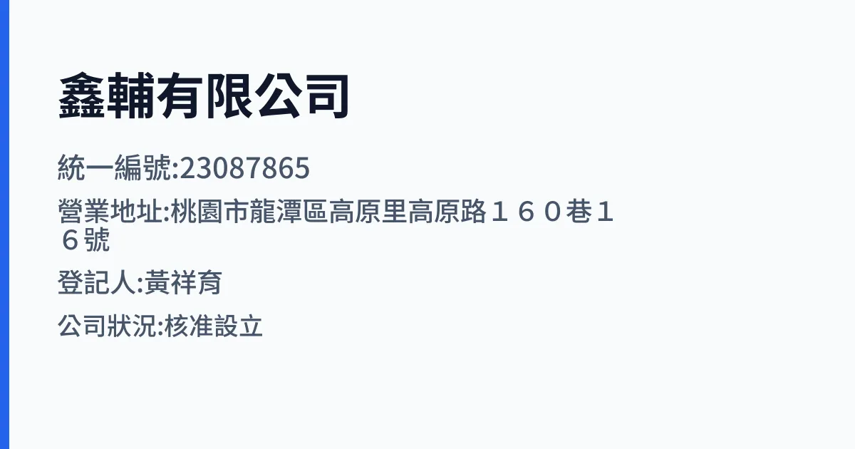 鑫輔有限公司 - 統編 23087865(桃園市) 公司登記資料與營業項目詳細圖表